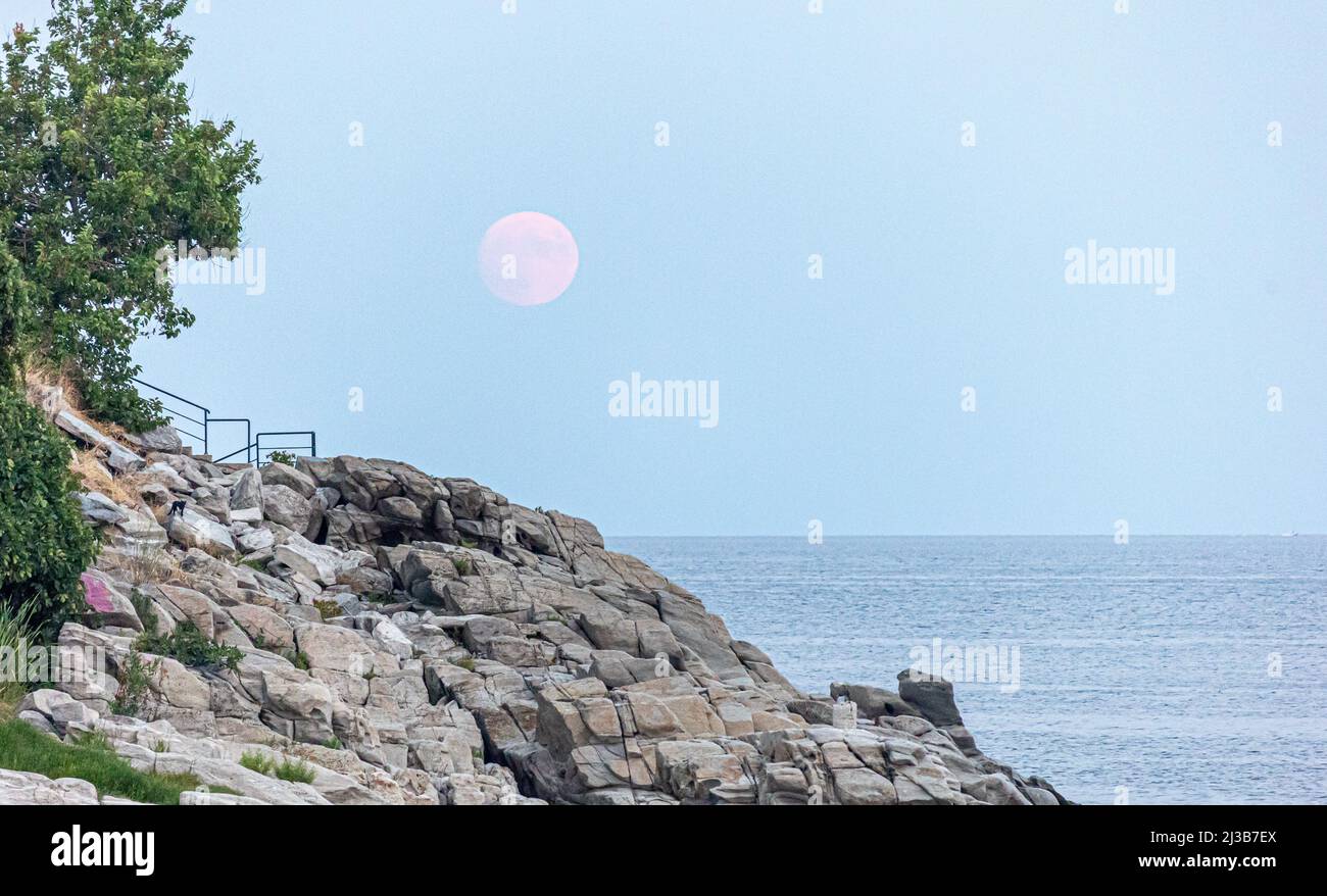 A view of full moon on blue sky background at daytime above the sea ...