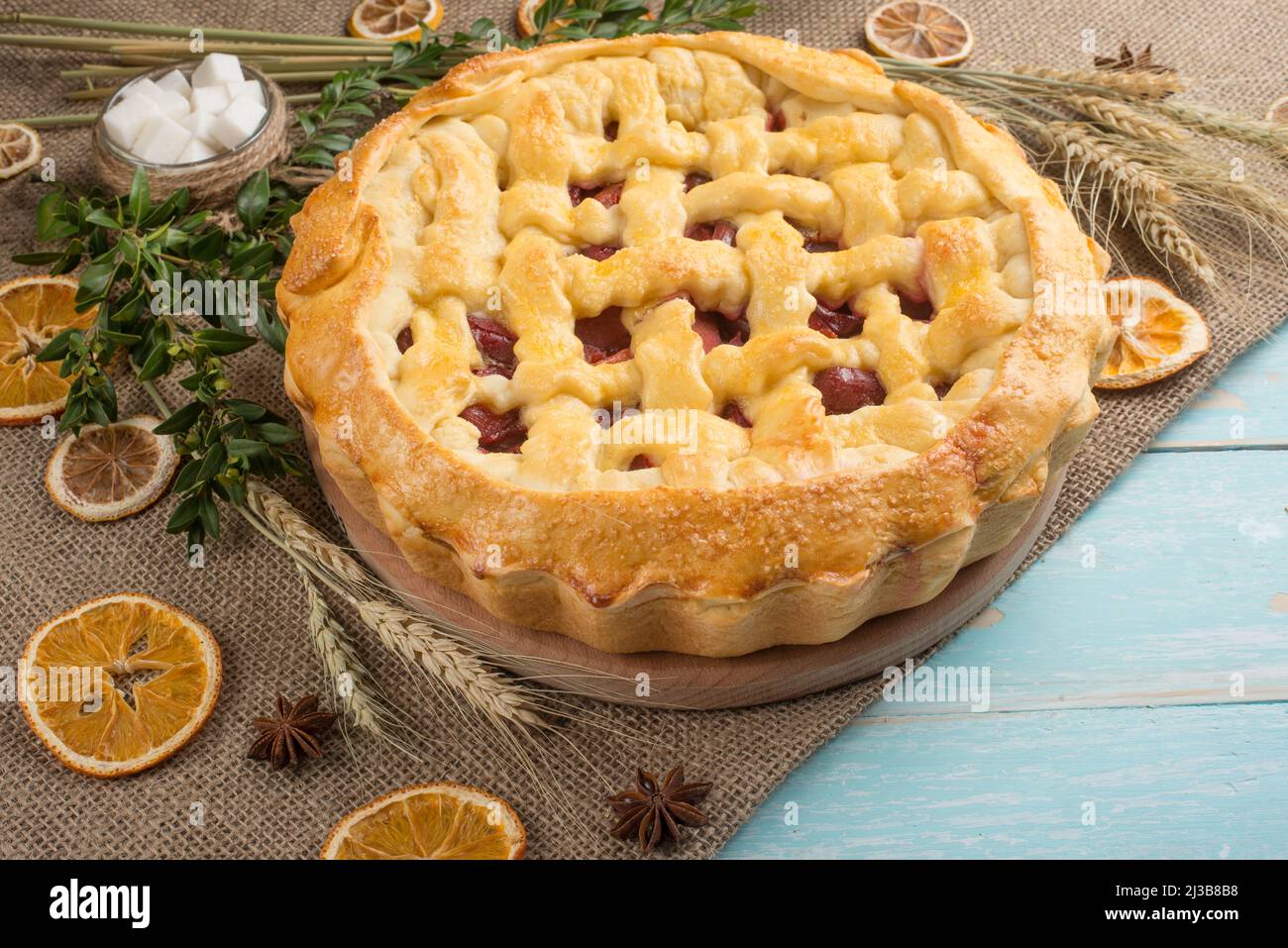 Homemade pie on a wooden background. With an empty place for the ...
