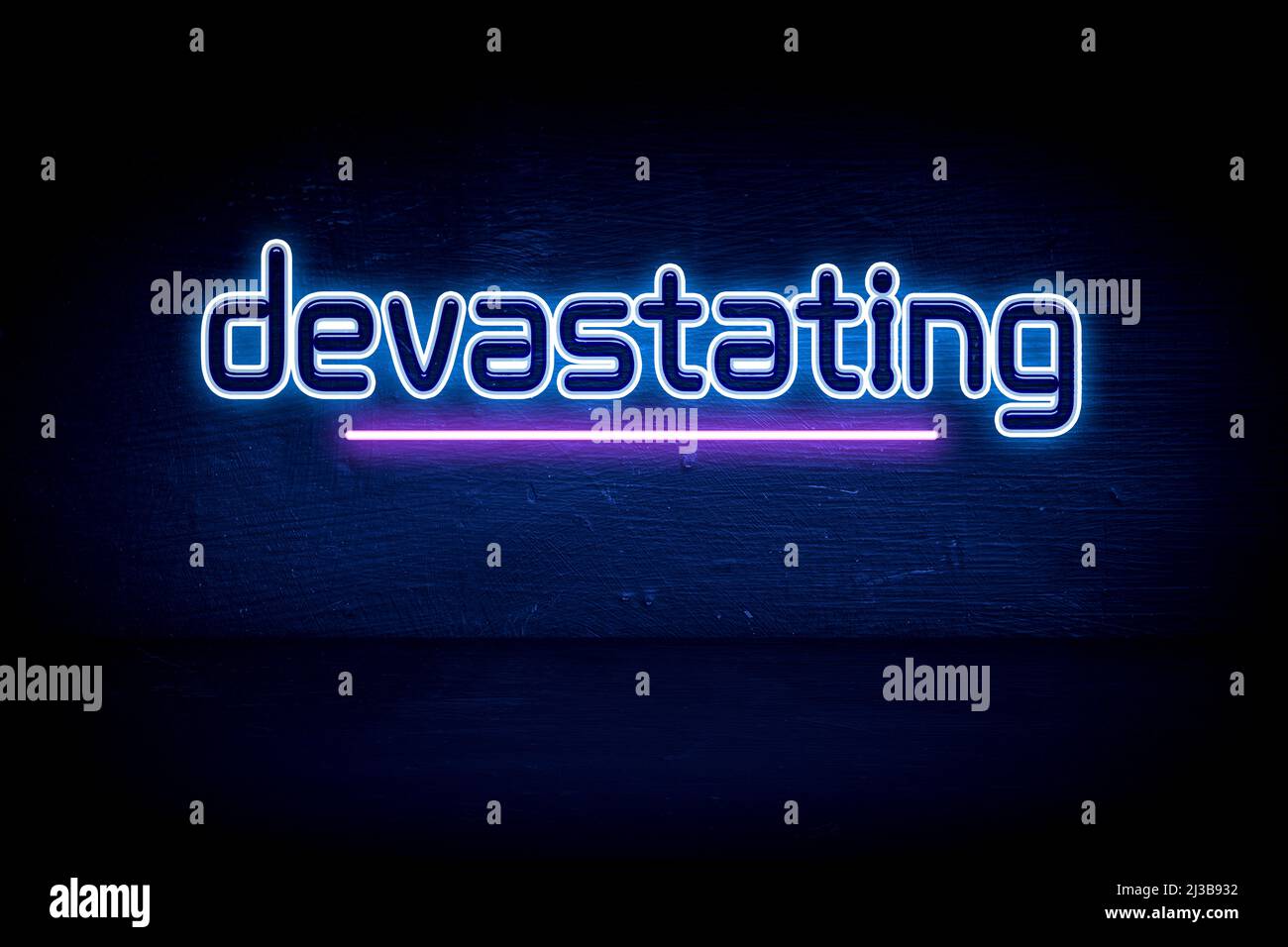 Devastating - blue neon announcement signboard Stock Photo - Alamy