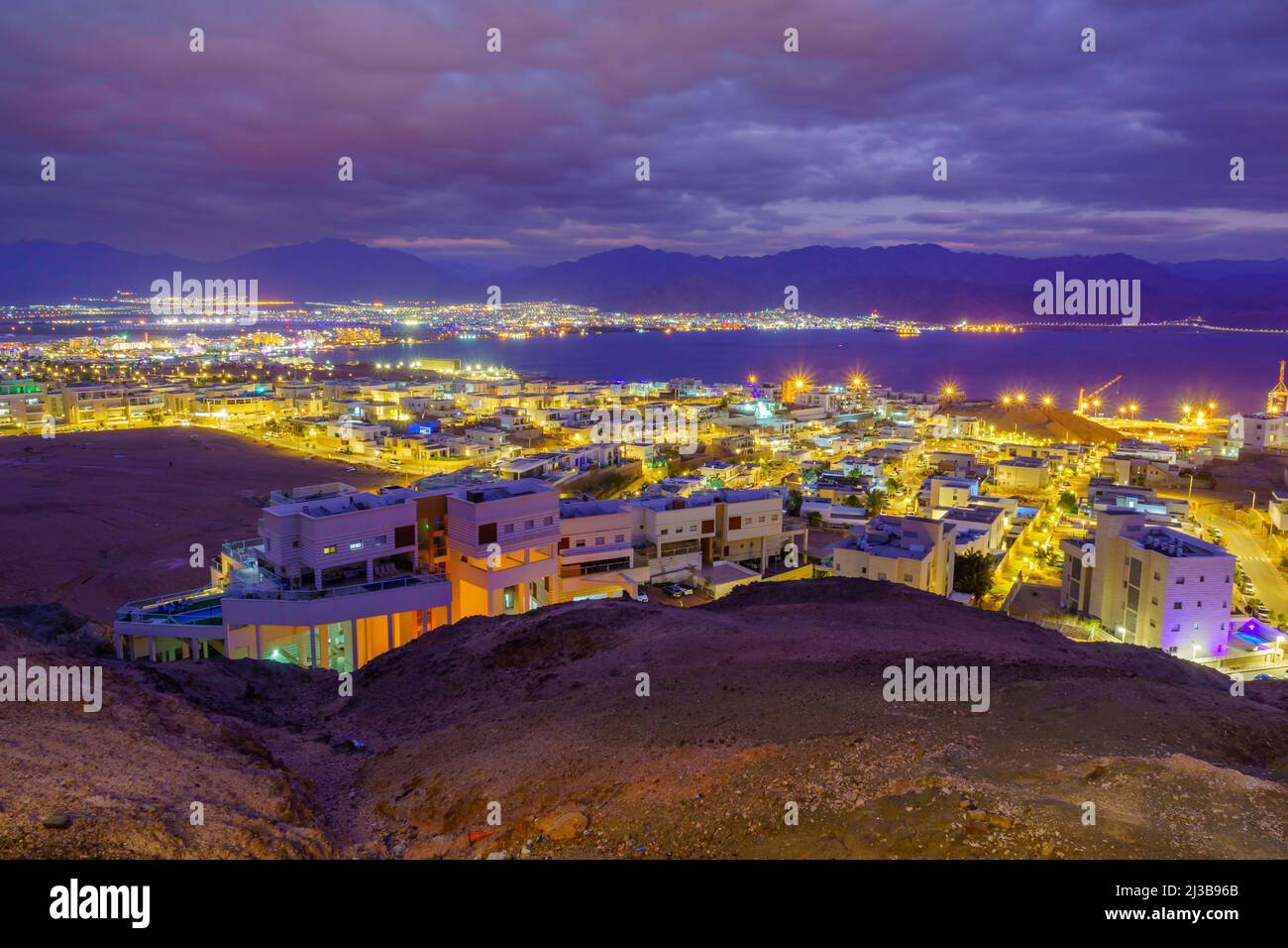 Evening view of Eilat (southern Israel), Aqaba (Jordan) and the Gulf of ...