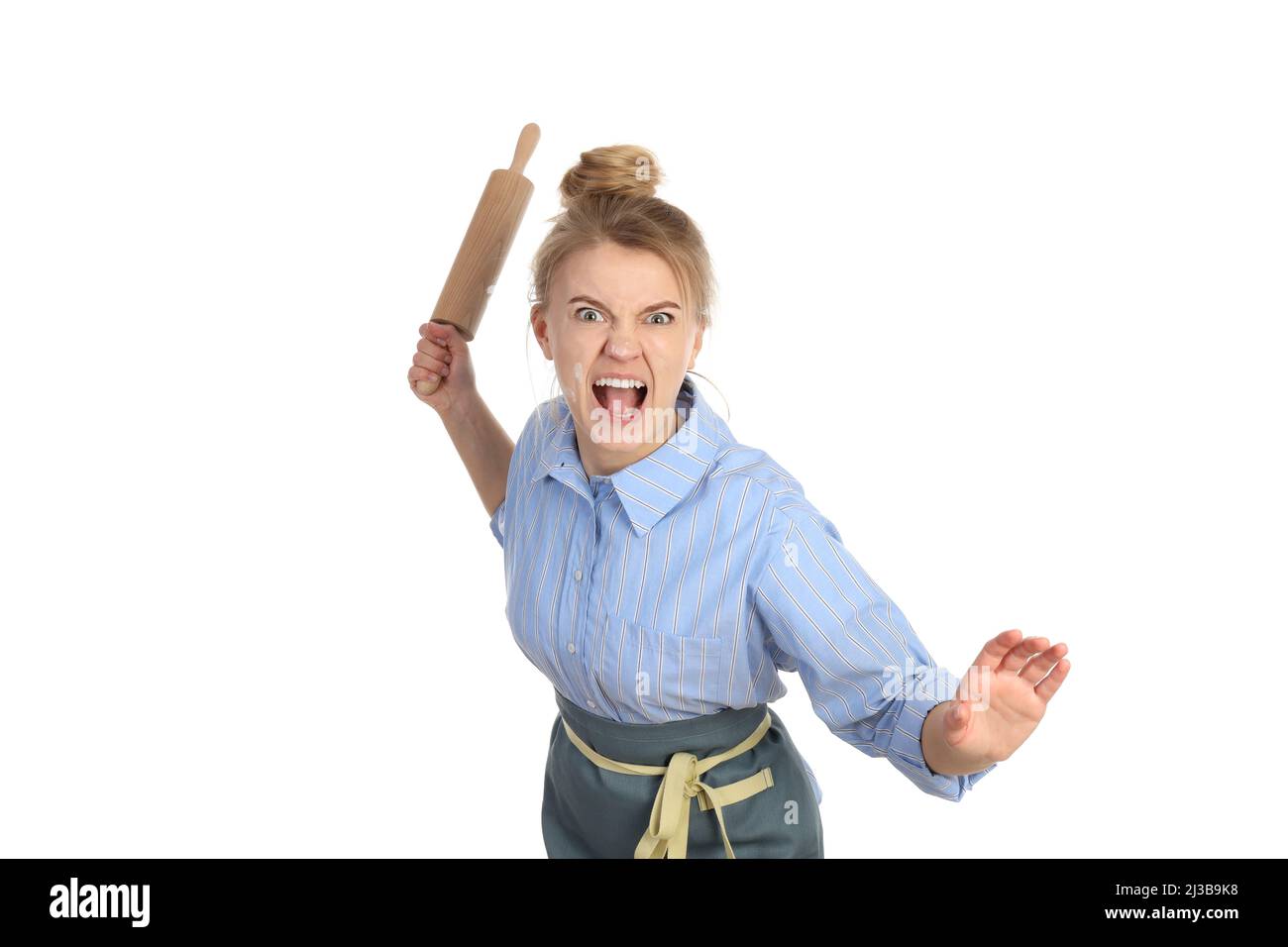 Angry woman with rolling pin isolated on white background Stock Photo ...
