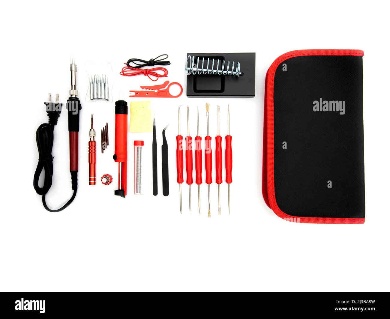 A soldering toolset in a black case isolated in a white background ...