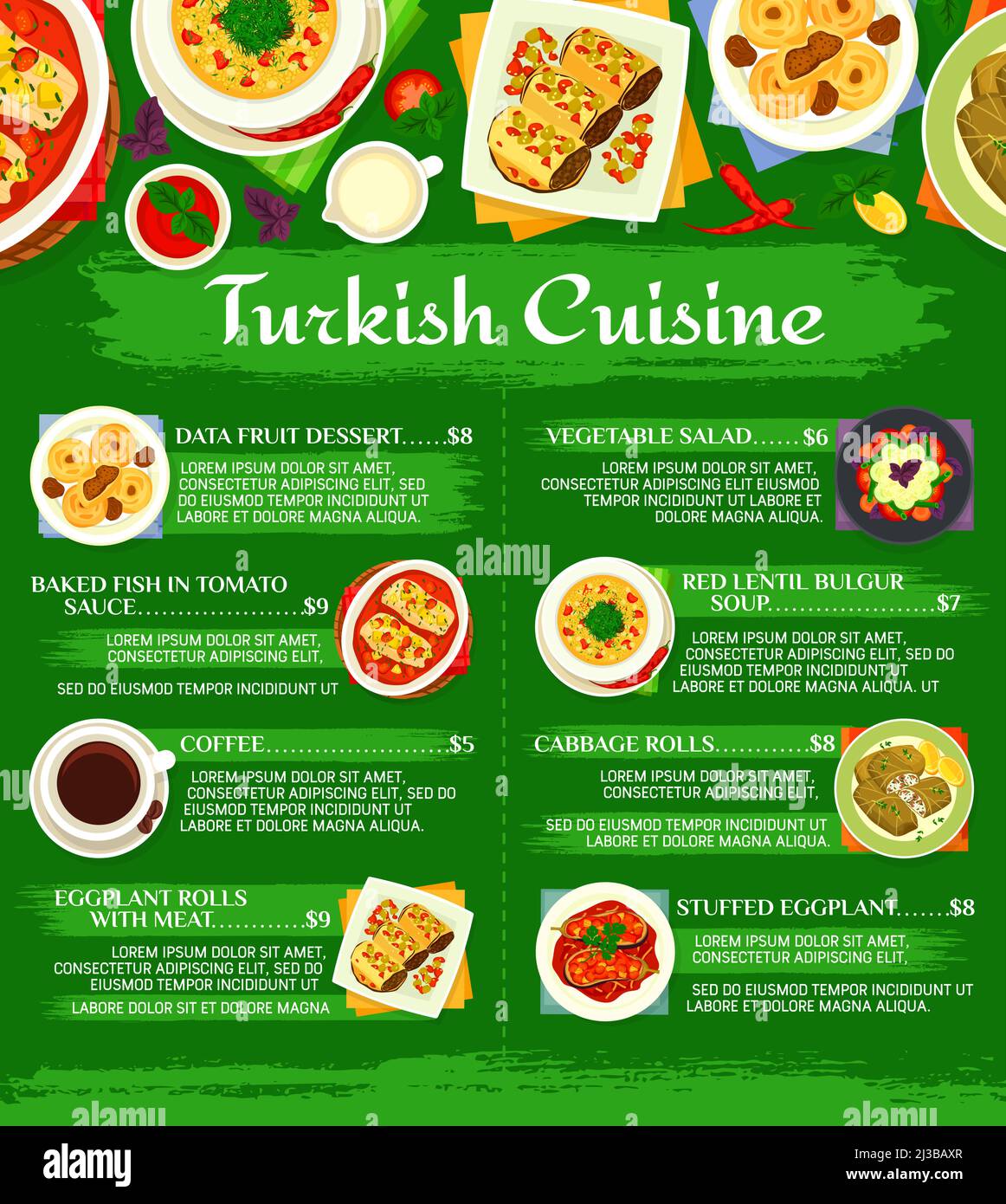 Turkish cuisine menu template vector eggplant rolls with meat, coffee ...
