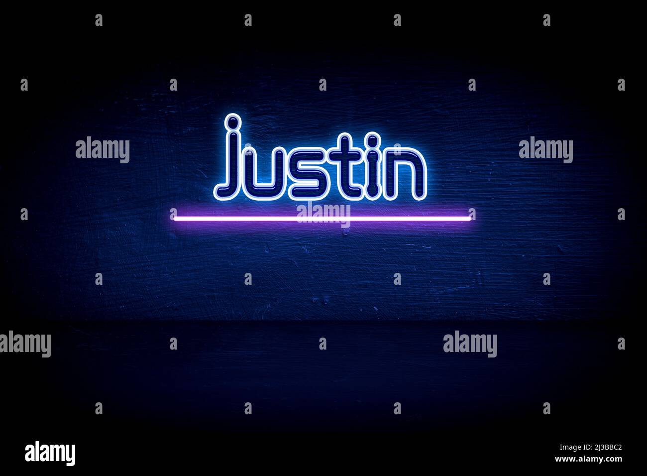 Justin - blue neon announcement signboard Stock Photo - Alamy