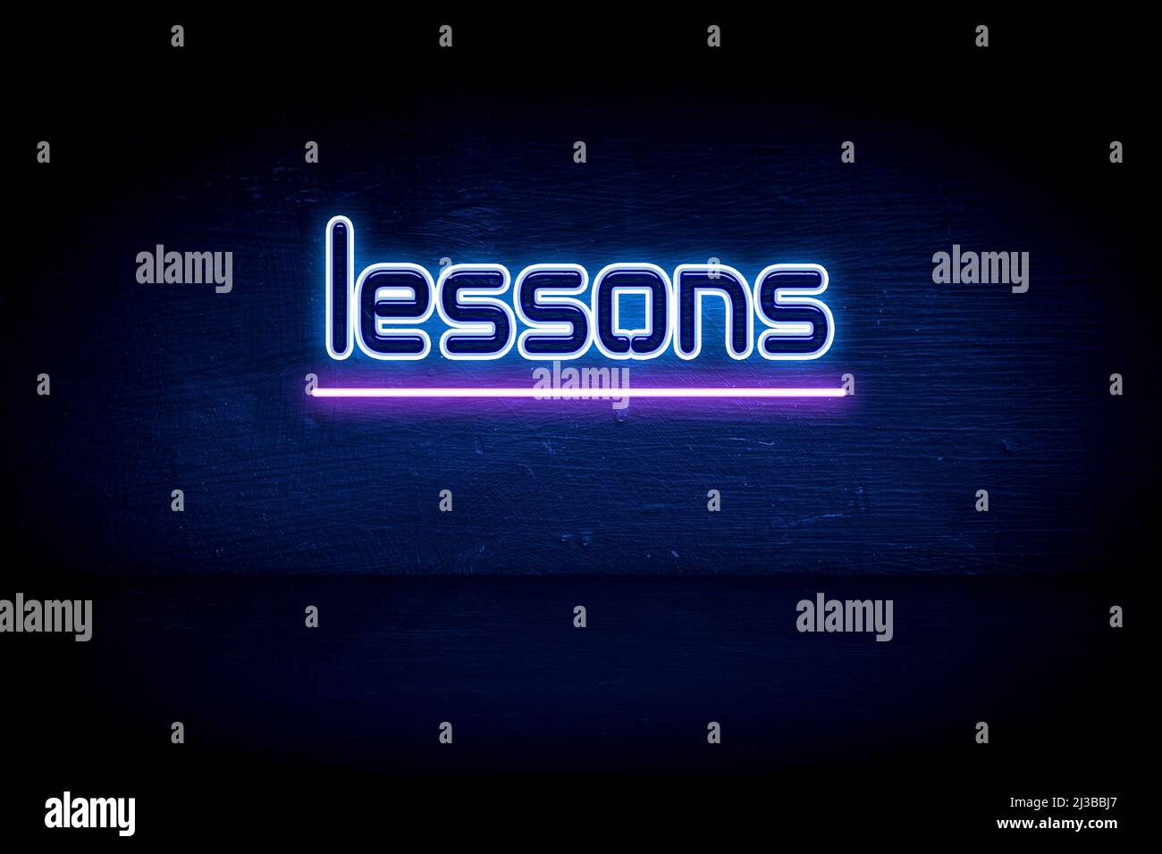 Lessons - blue neon announcement signboard Stock Photo - Alamy