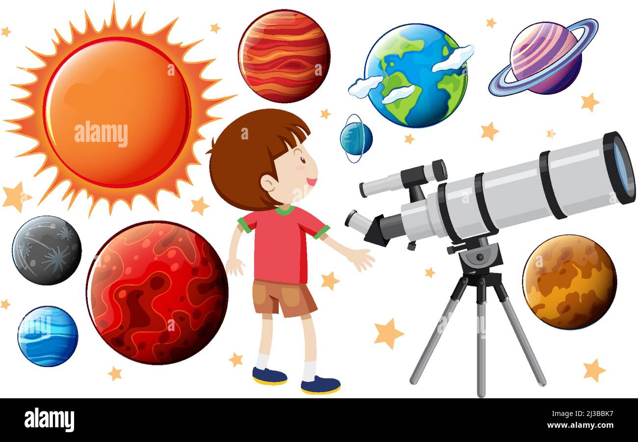 Set of different planets and cartoon character illustration Stock ...