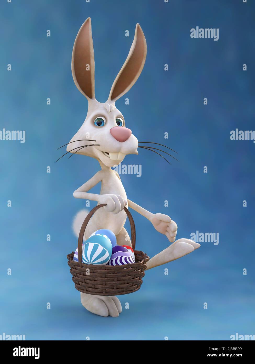 3D rendering of a cute Easter bunny rabbit with a fluffy tail holding a ...