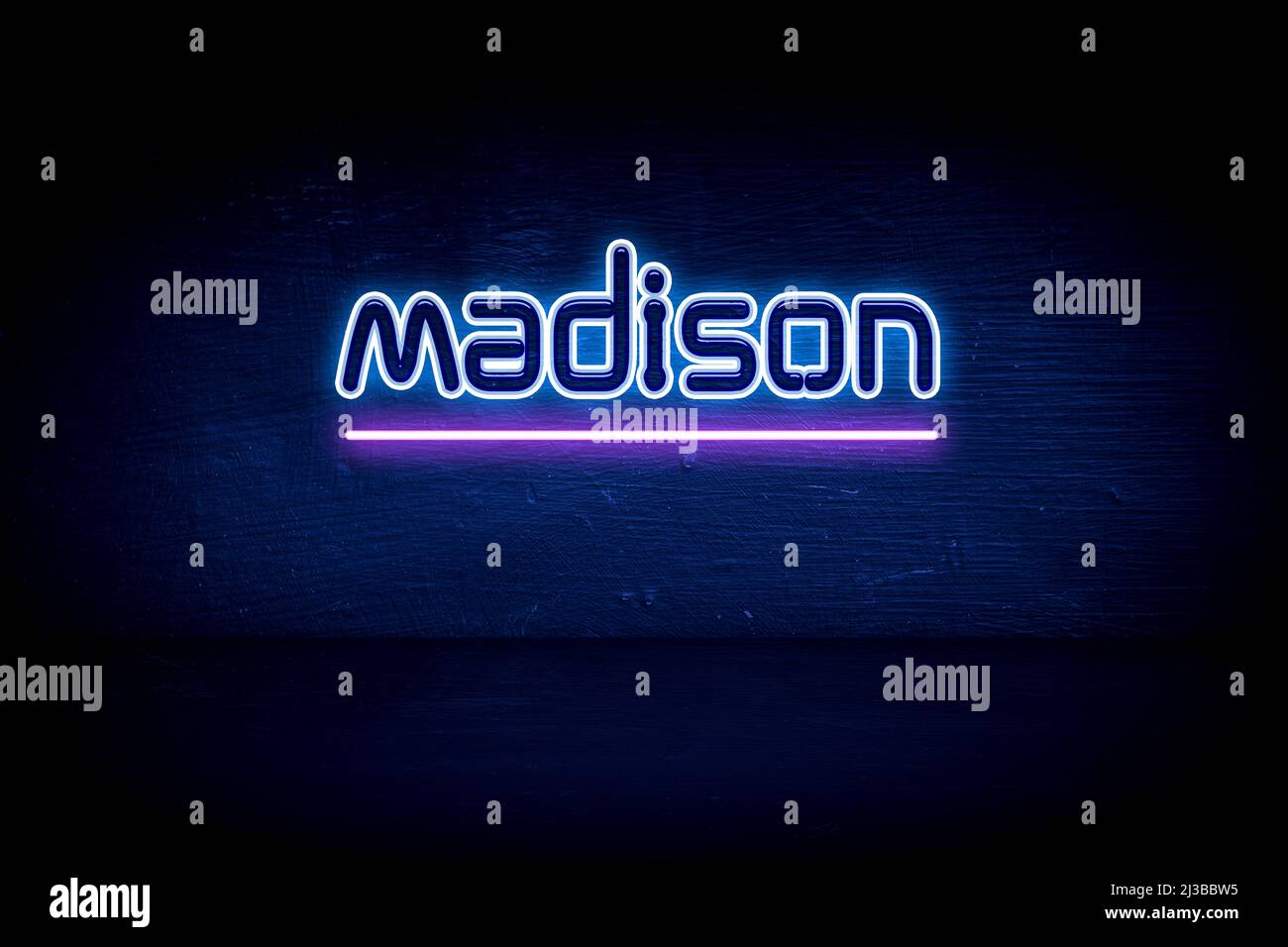 Madison - blue neon announcement signboard Stock Photo - Alamy