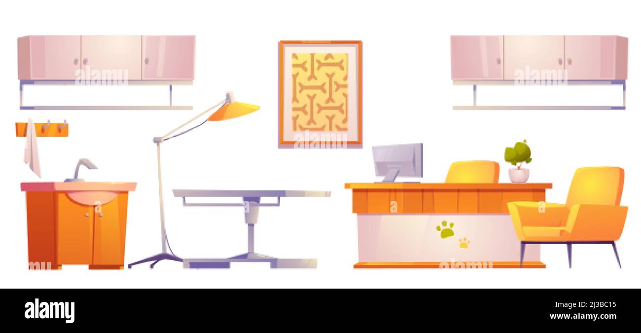 Veterinary vet clinic furniture and stuff isolated on white background ...