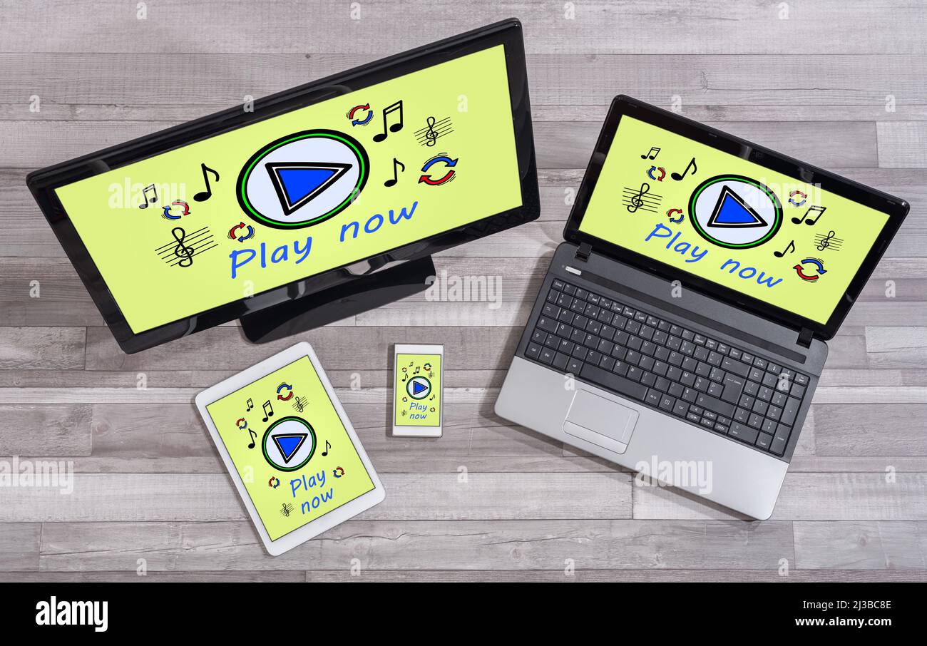 Online music concept shown on different information technology devices ...