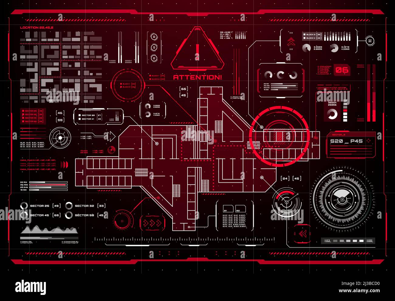 HUD security smart display interface. Vector prison map alert attention ...