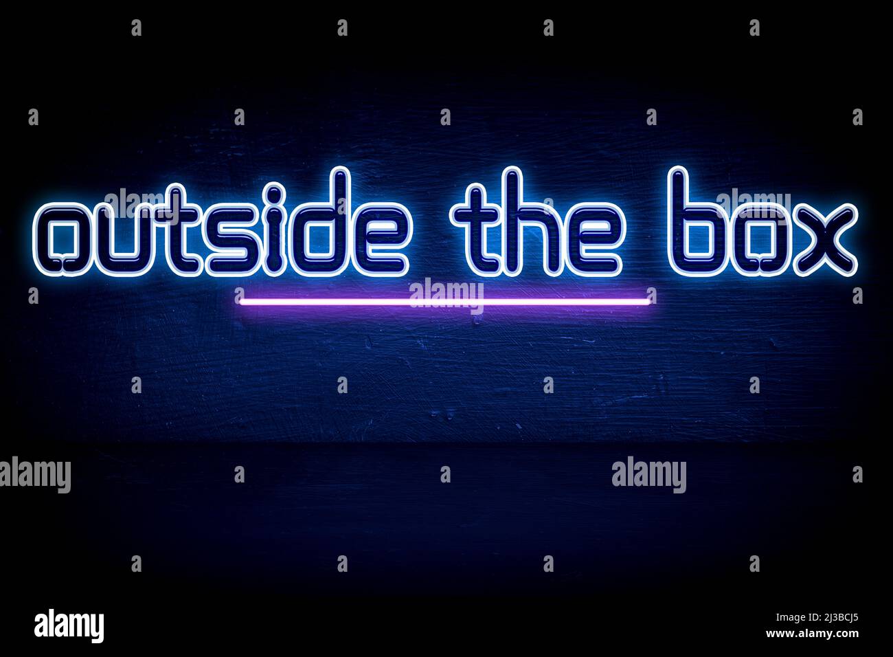 Outside the Box - blue neon announcement signboard Stock Photo - Alamy