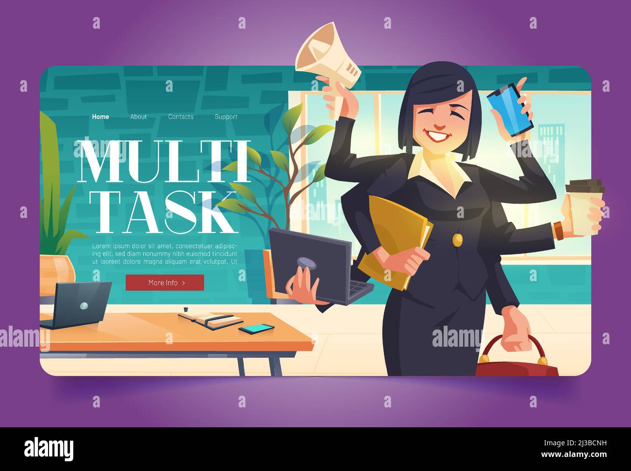Multitask banner with business woman with many hands in office. Vector ...