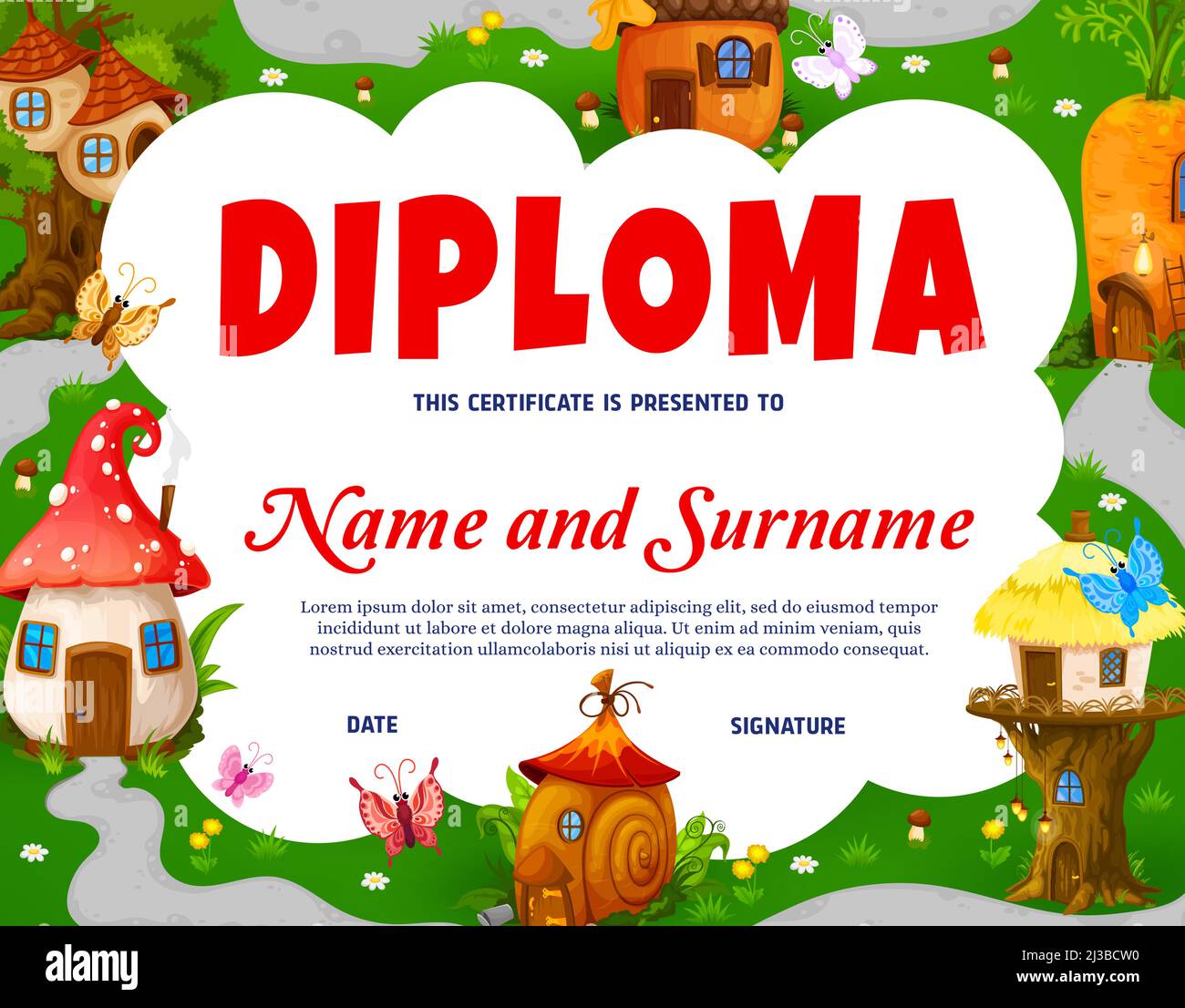 Kids diploma with fairy town of cartoon gnome and elf houses, vector ...