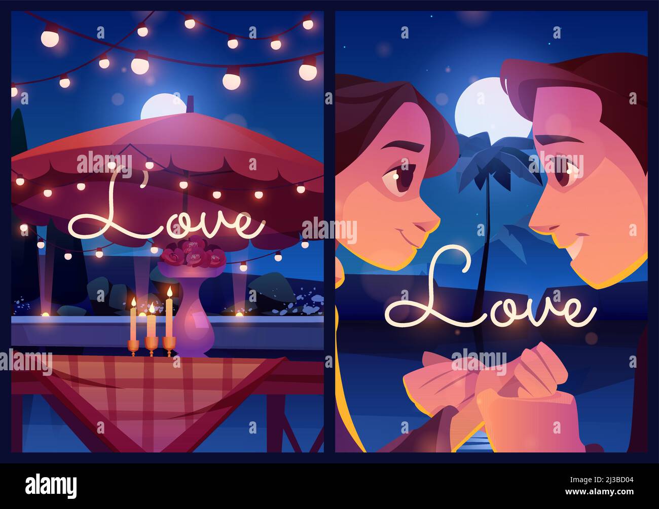 Summer love cartoon posters, loving couple outdoor dating with flowers ...