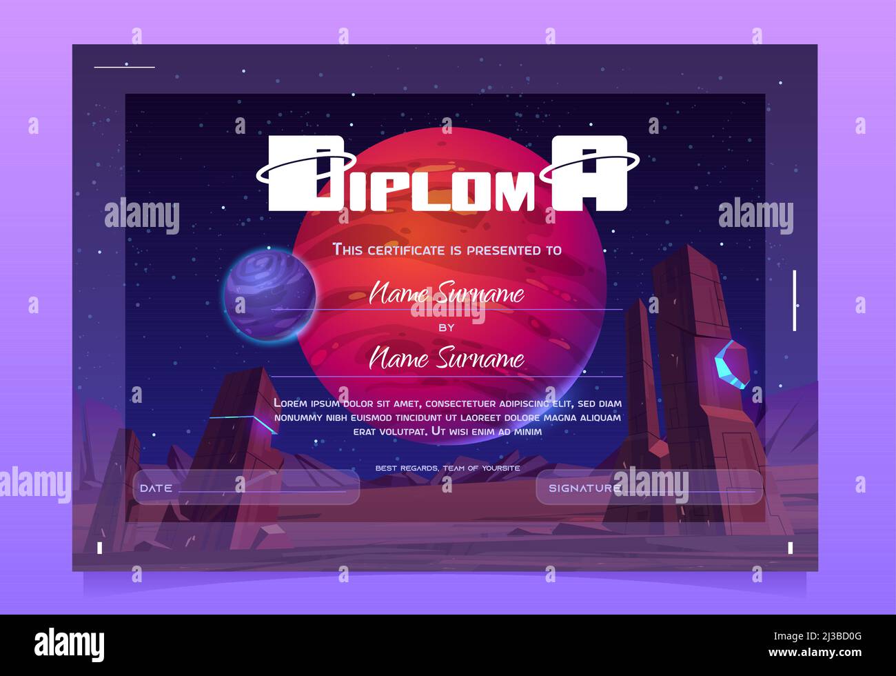 Kids diploma with alien planet surface, cartoon certificate template ...
