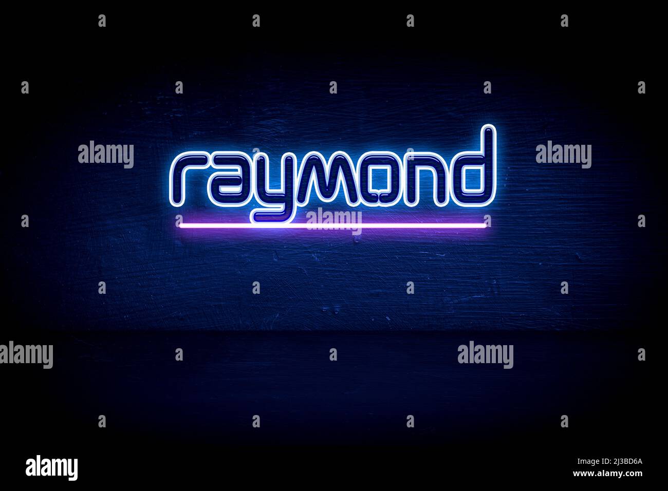 Raymond - blue neon announcement signboard Stock Photo - Alamy