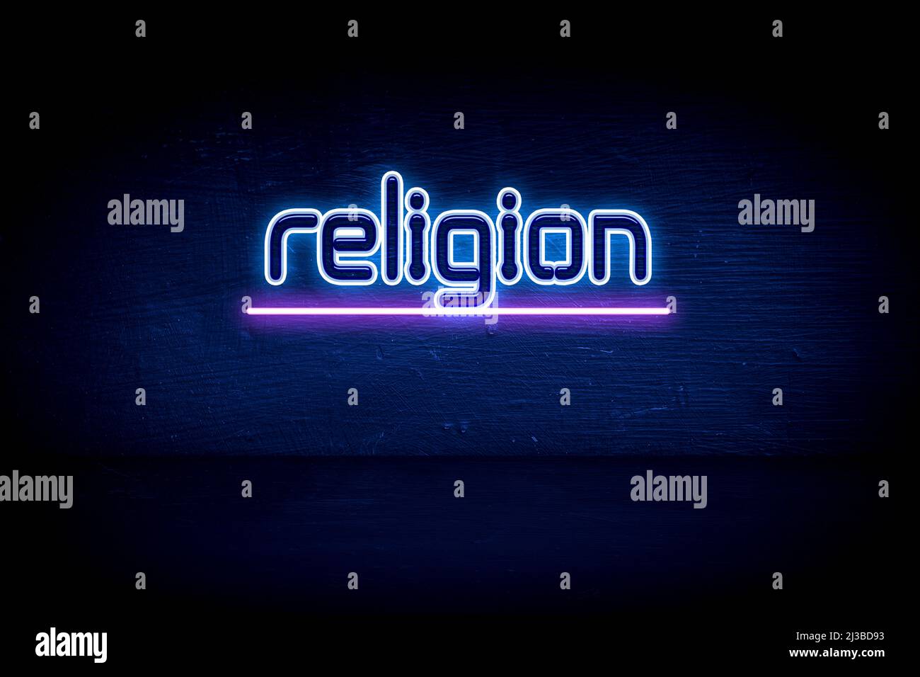 Religion - blue neon announcement signboard Stock Photo - Alamy