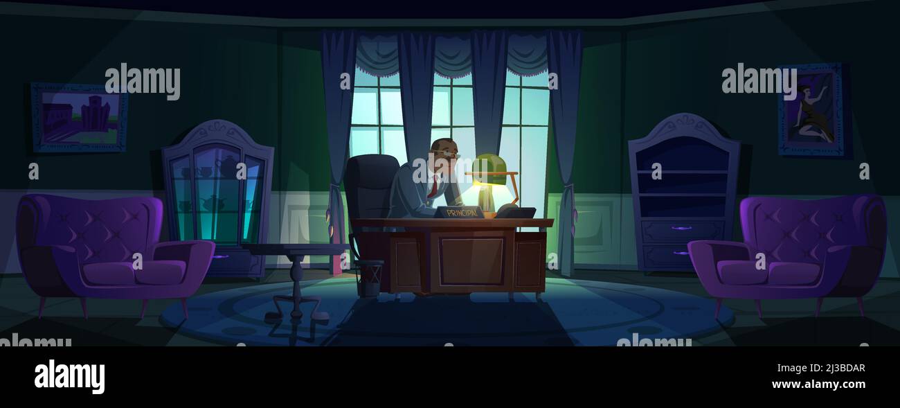 Principal in night office, headmaster or government person sitting at ...