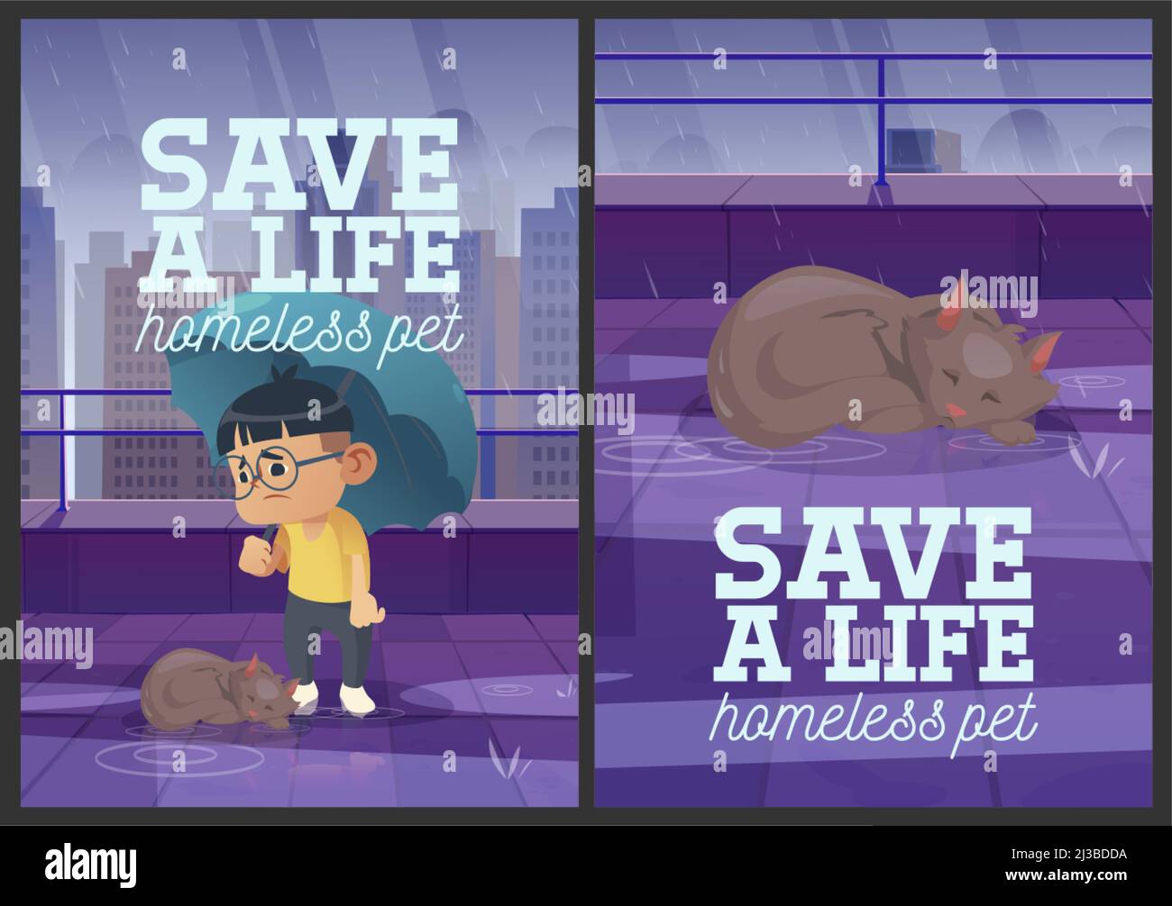 Save a life homeless pet cartoon posters. Boy with umbrella and stray ...