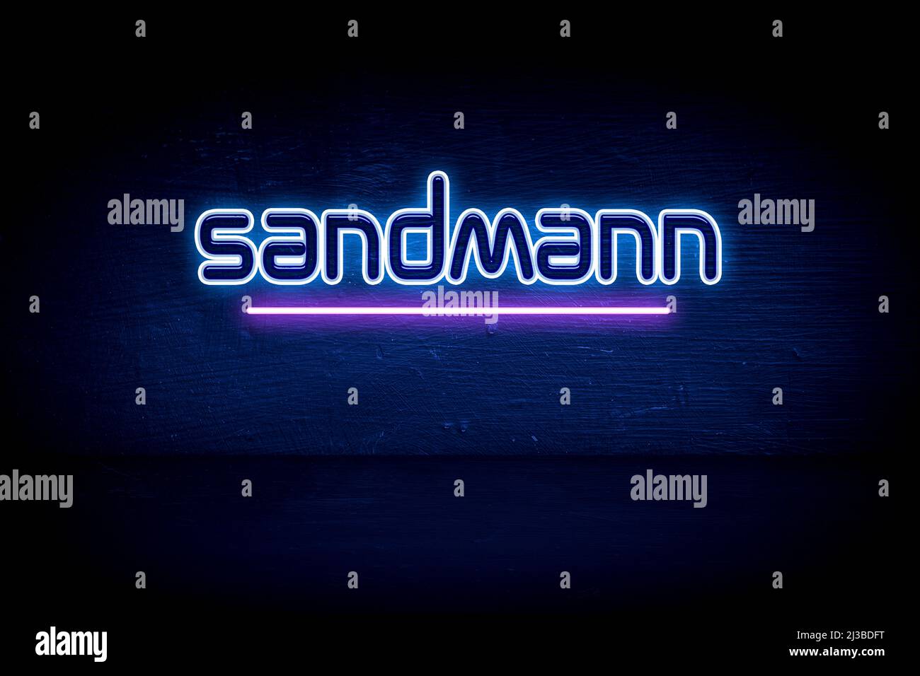Sandmann - blue neon announcement signboard Stock Photo - Alamy