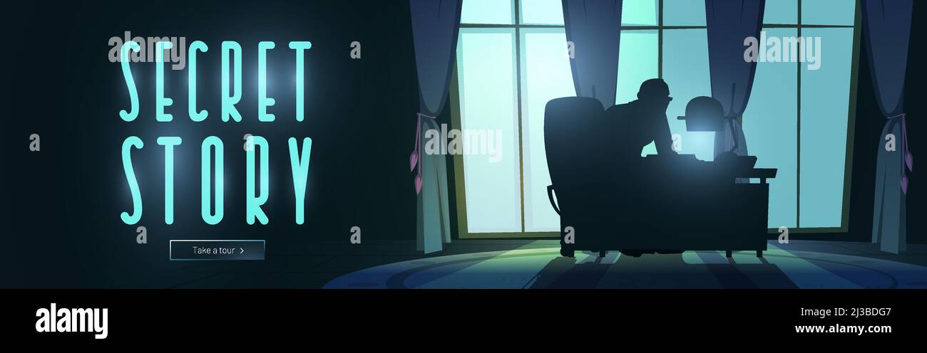 Secret story cartoon web banner, silhouette of man sit at night office ...
