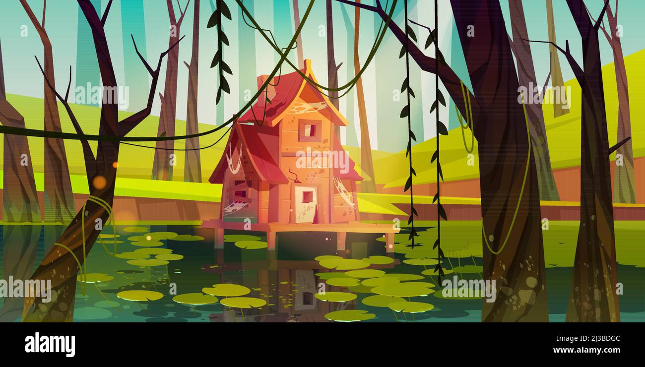 Old stilt house in swamp in forest. Marsh landscape with abandoned hut ...