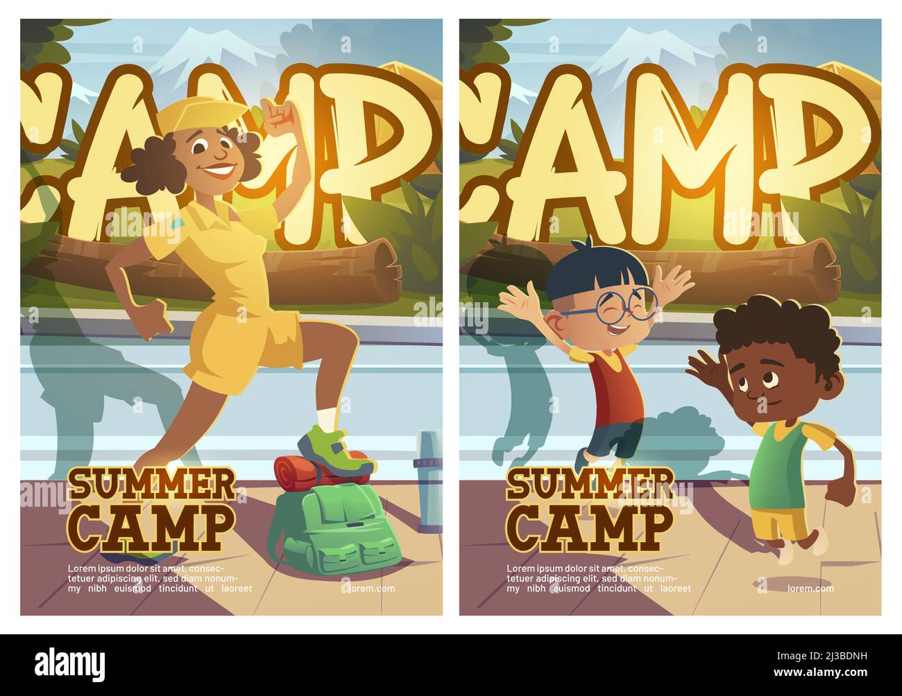 Kids summer camp cartoon posters, children with map and magnifier and ...
