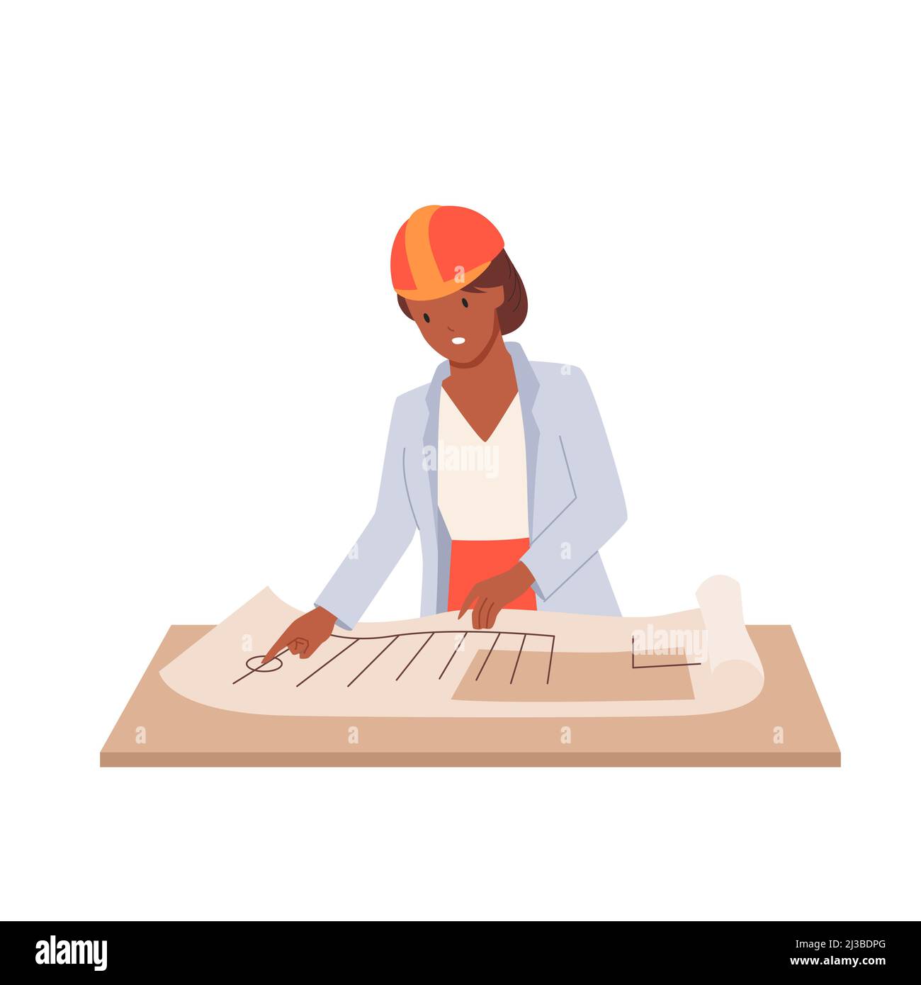 Engineer reading draft sketch, female construction worker standing with ...