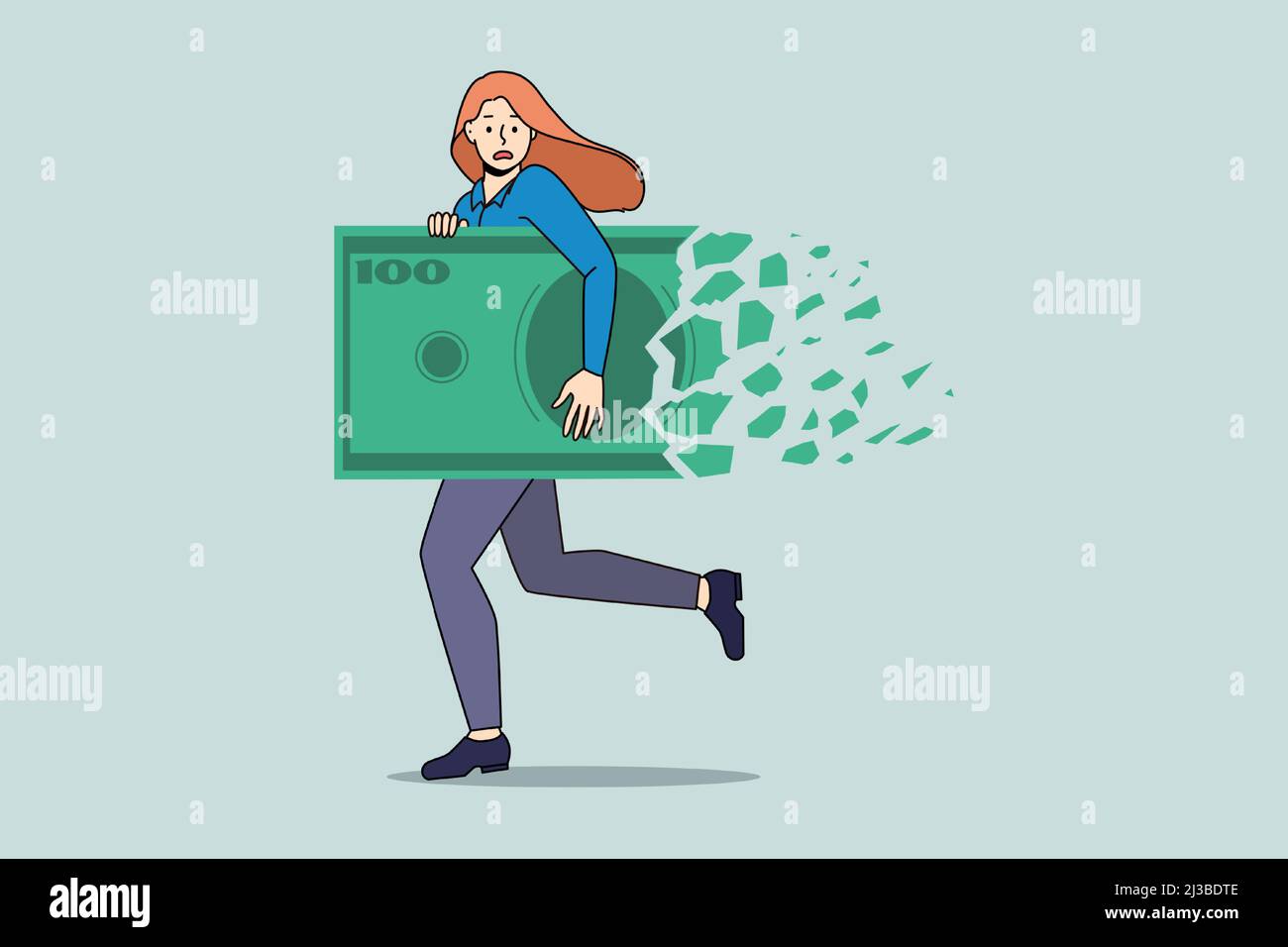 Businesswoman run with dollar bill collapsing. Money loss and decline ...