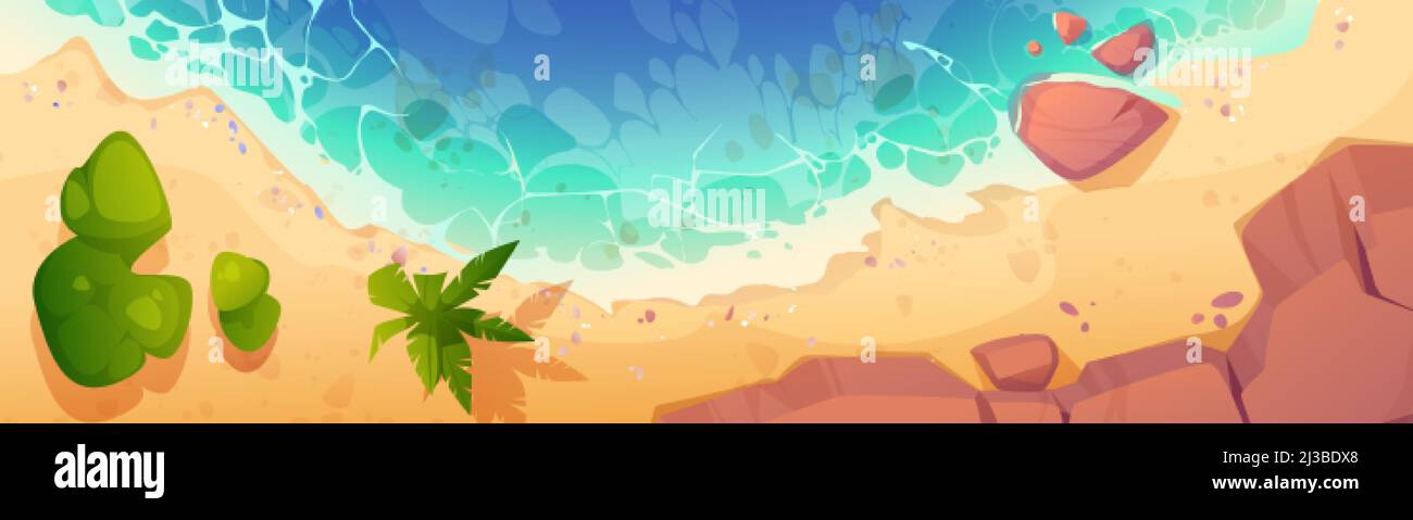 Sea beach top view background, tropical ocean coastline with palm trees ...