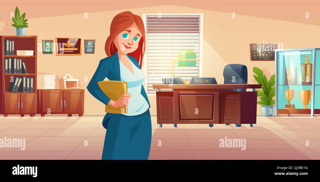 Woman principal in school office interior with desk, chair, bookcase and showcase with sport ...