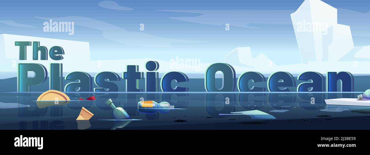 Plastic ocean pollution, arctic trash cartoon banner. Dirty polluted ...