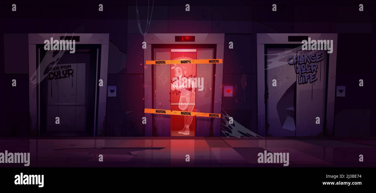 Old dirty hallway with broken elevator and ghost at night. Vector ...