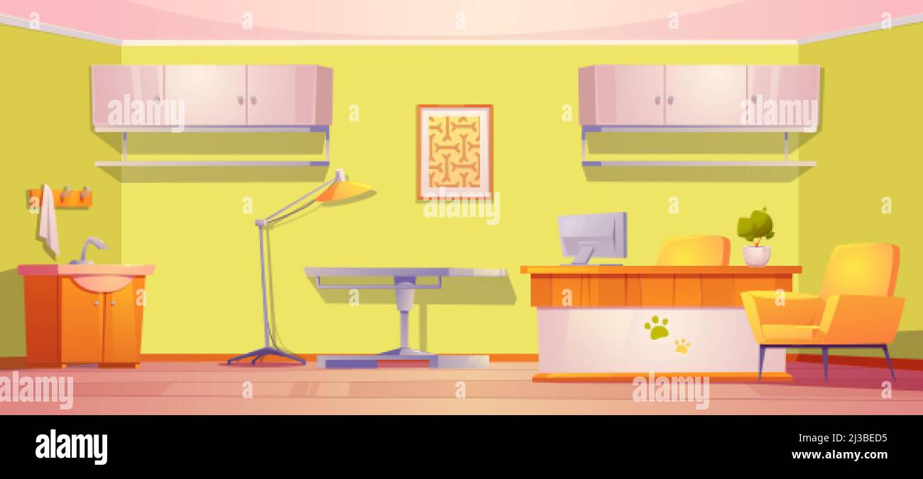 Vet clinic room for medical aid and exam pets. Vector cartoon interior ...