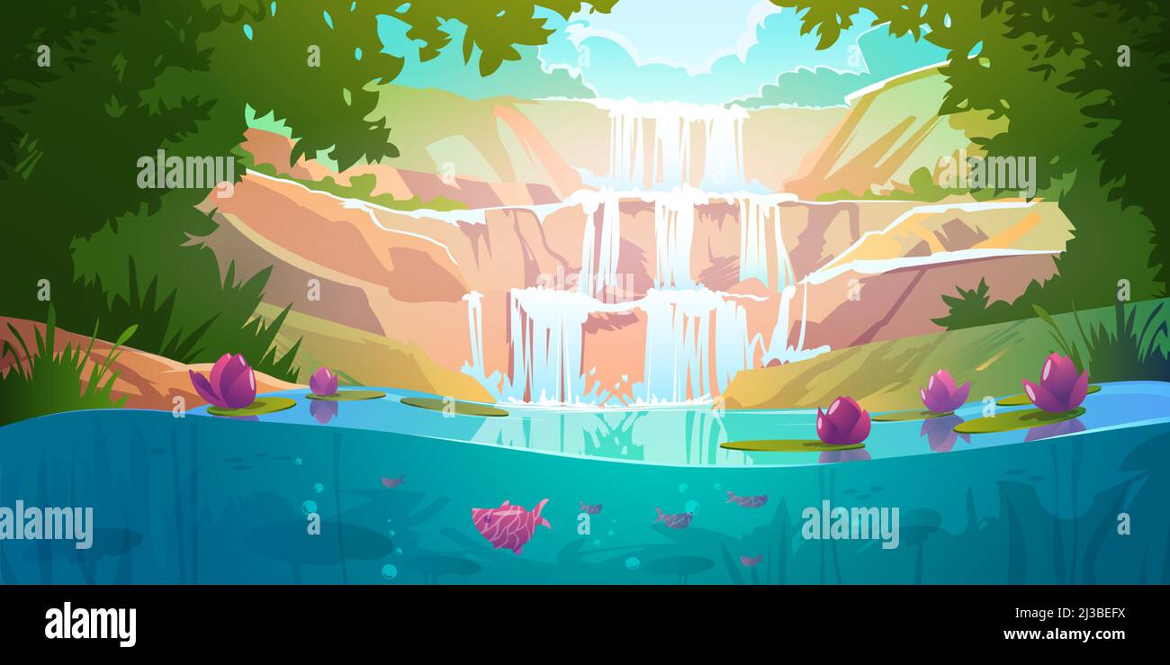 Cascade waterfall in forest. Paradise landscape with river flowing off ...