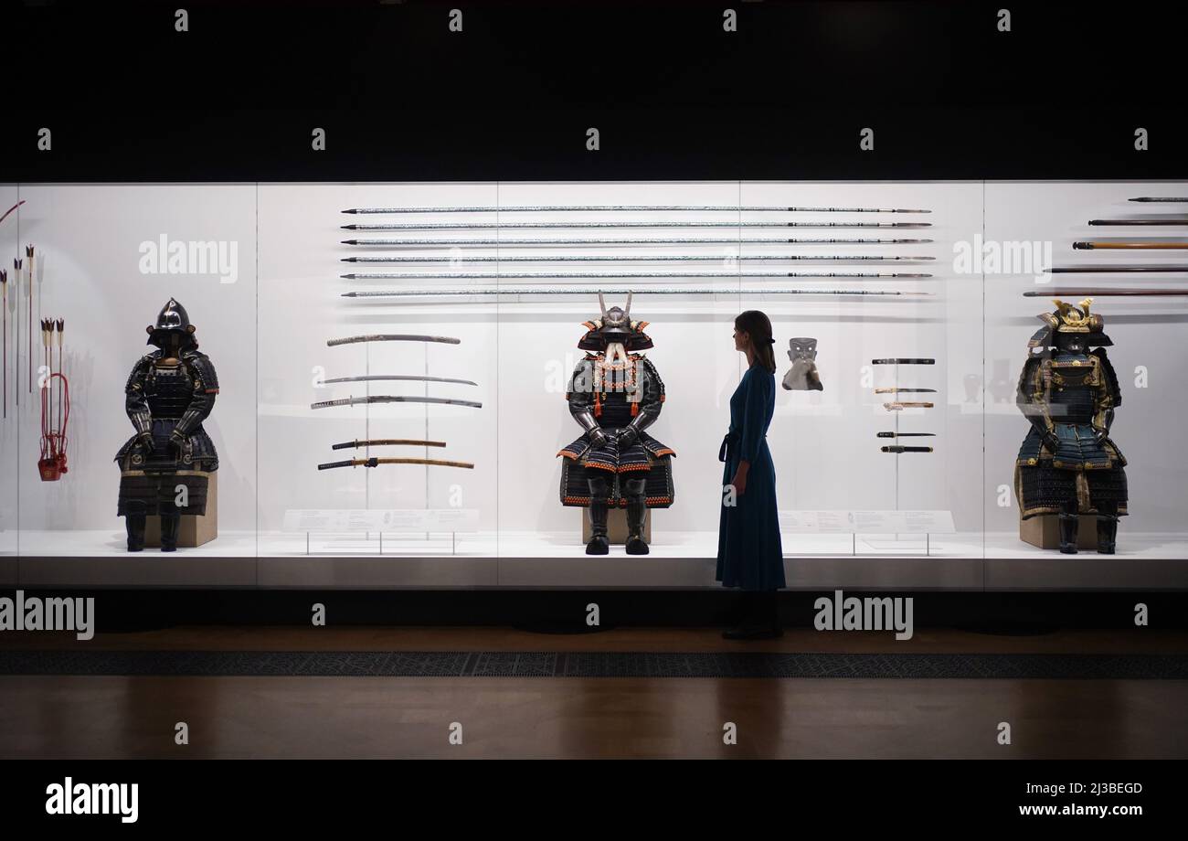 Japanese armour, weapons and a mask on display during a preview of ...