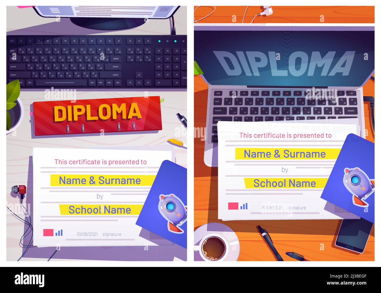 School diploma with computer desk top view. Educational certificate ...