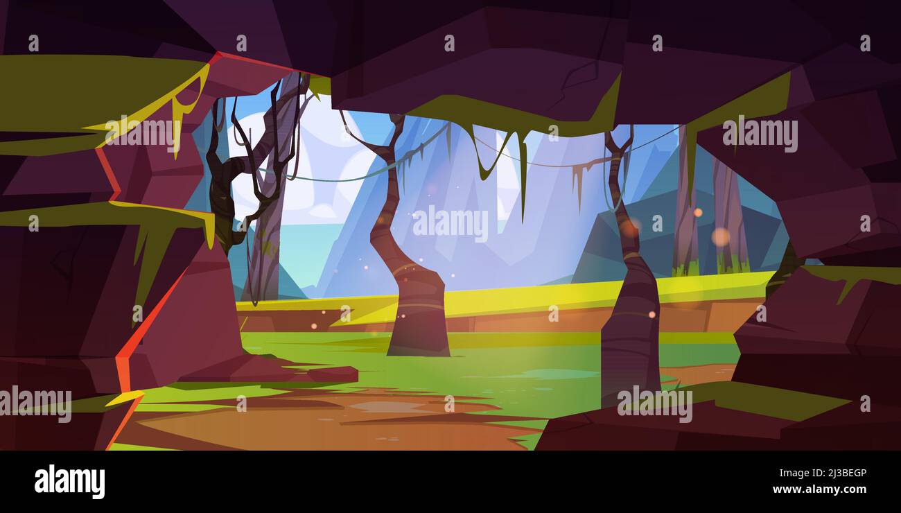 Cave in rock in jungle forest with mountains and sea on horizon. Vector ...