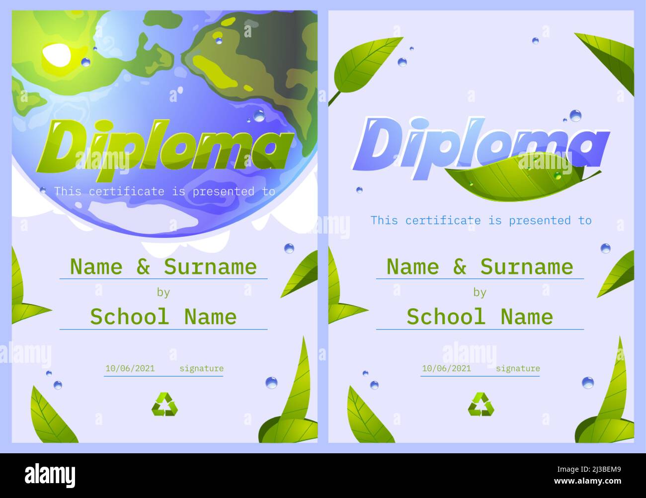 School diploma, save the planet certificate with earth globe, green ...