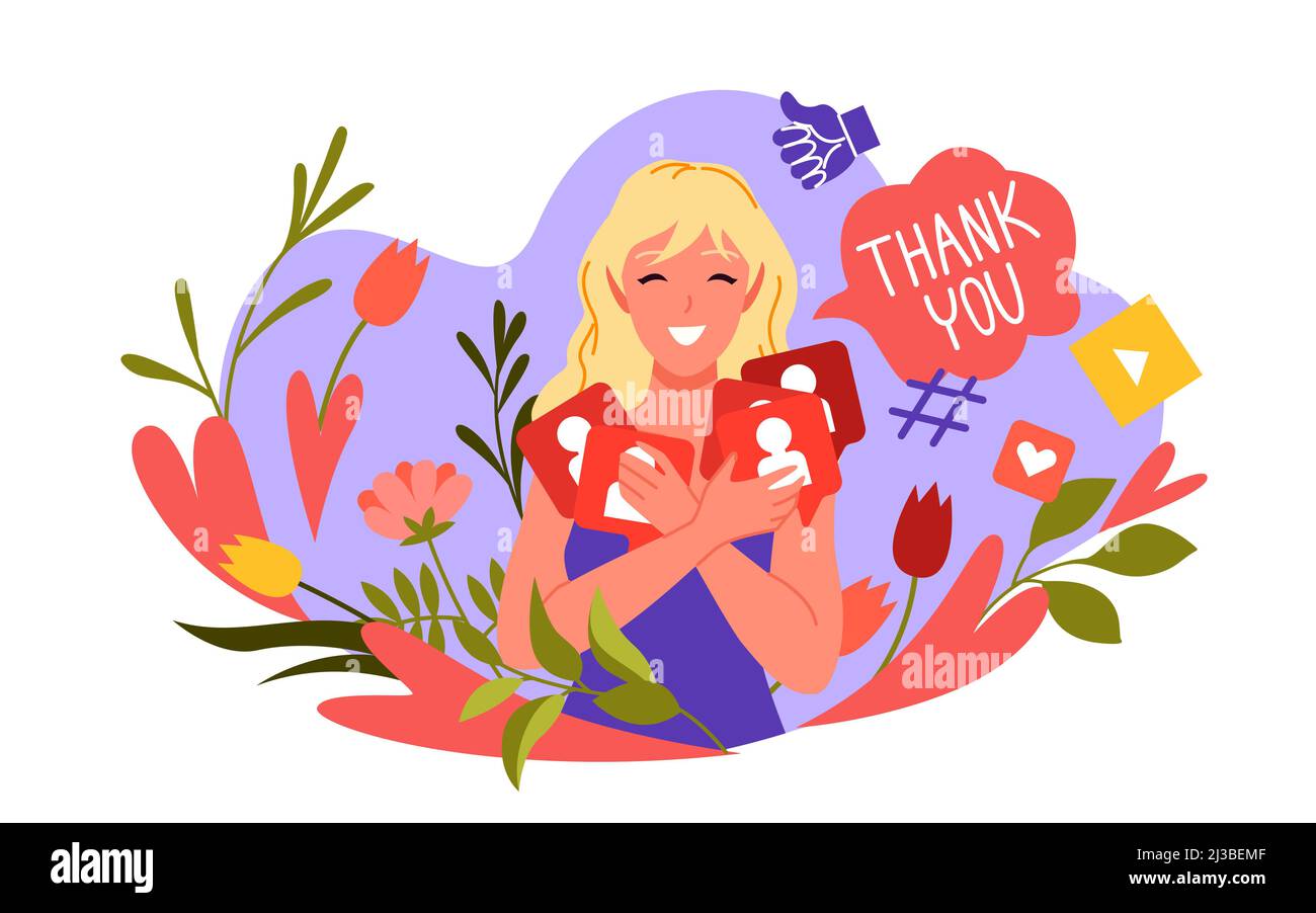 Happy girl holding followers badges to celebrate number of fans ...