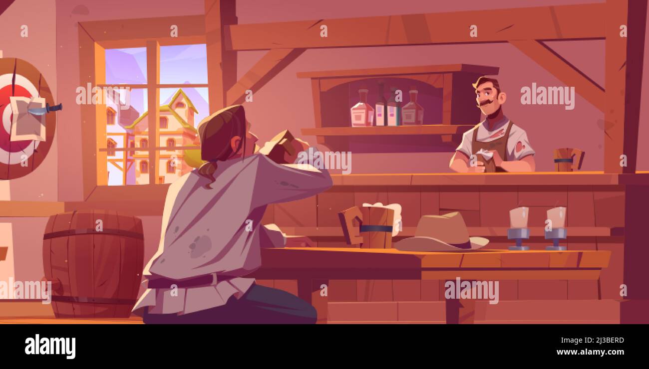 Man in wild west beer pub, retro cowboy saloon or tavern. Visitor in ...