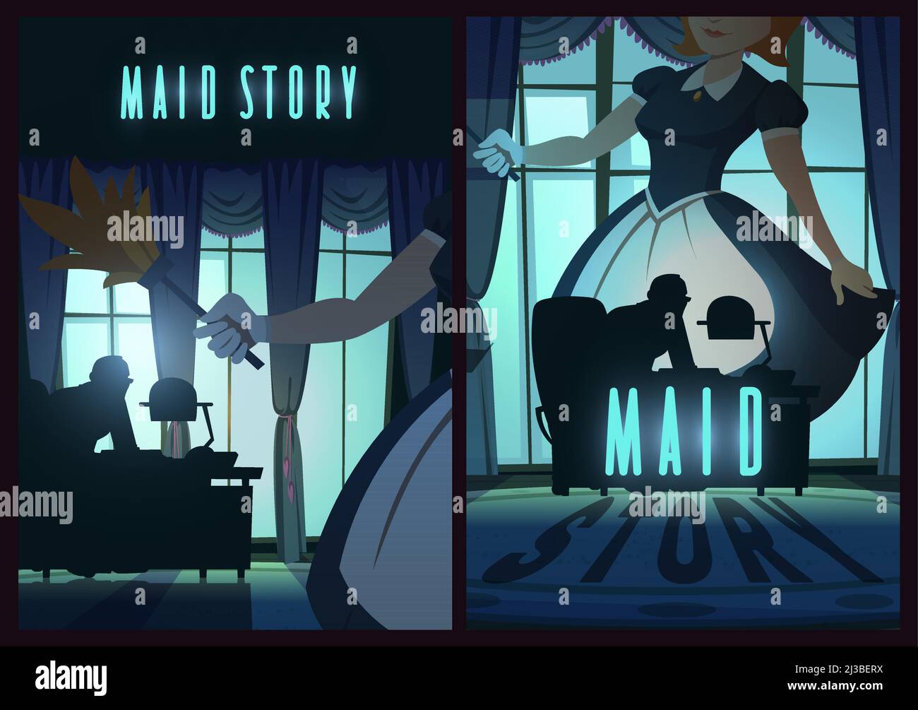Maid story poster with woman in apron and man silhouette at desk in ...