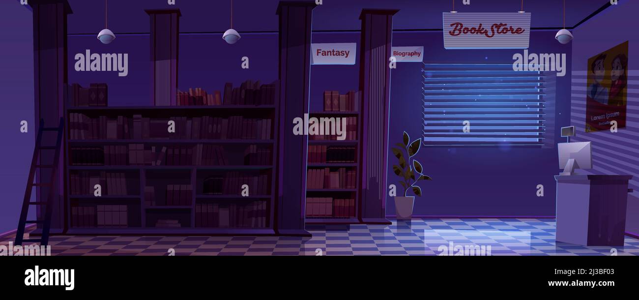 Night bookstore interior, empty book shop room with fantasy or ...