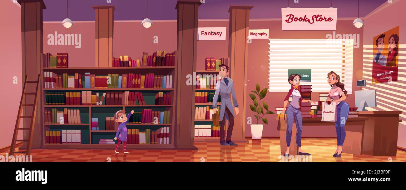 Visitors in bookstore, interior with child and adult people choose ...