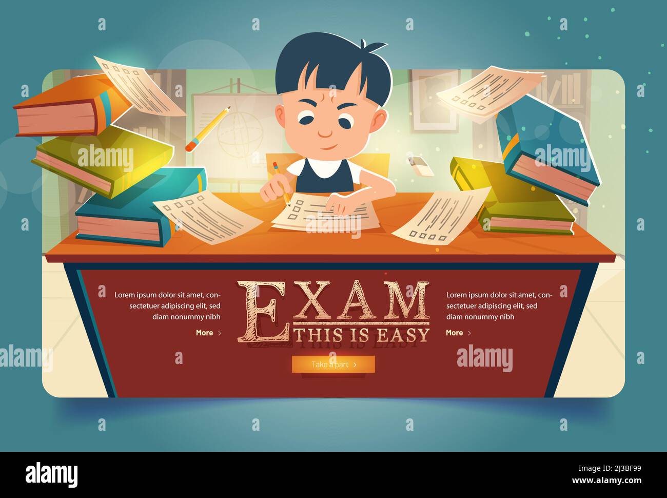 Schoolboy pass exam cartoon web banner. Boy solve test filling paper ...