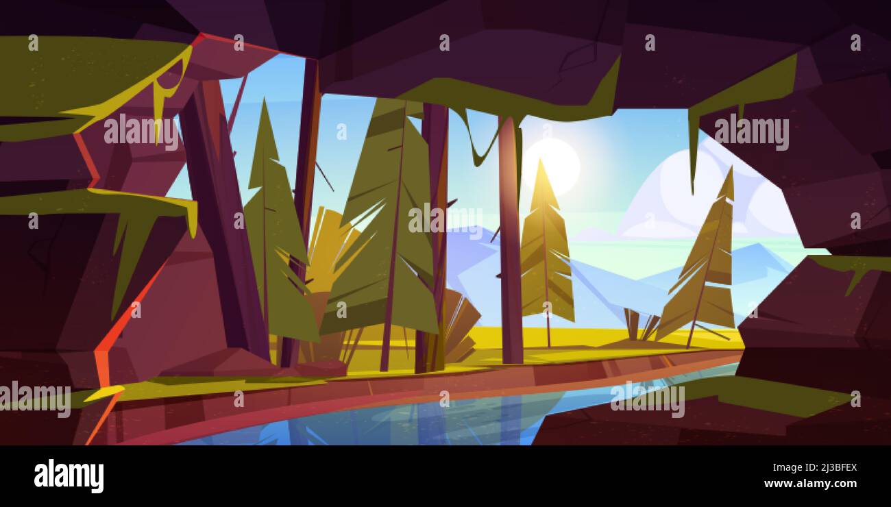 Forest cave entrance, hole in rock with flow river, fir-trees, and ...