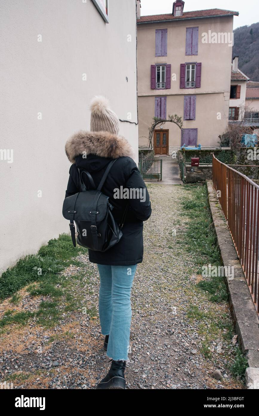 Ax Les Termes, France : 2022 March 14 : Woman in Ax Les Thermes on a ...