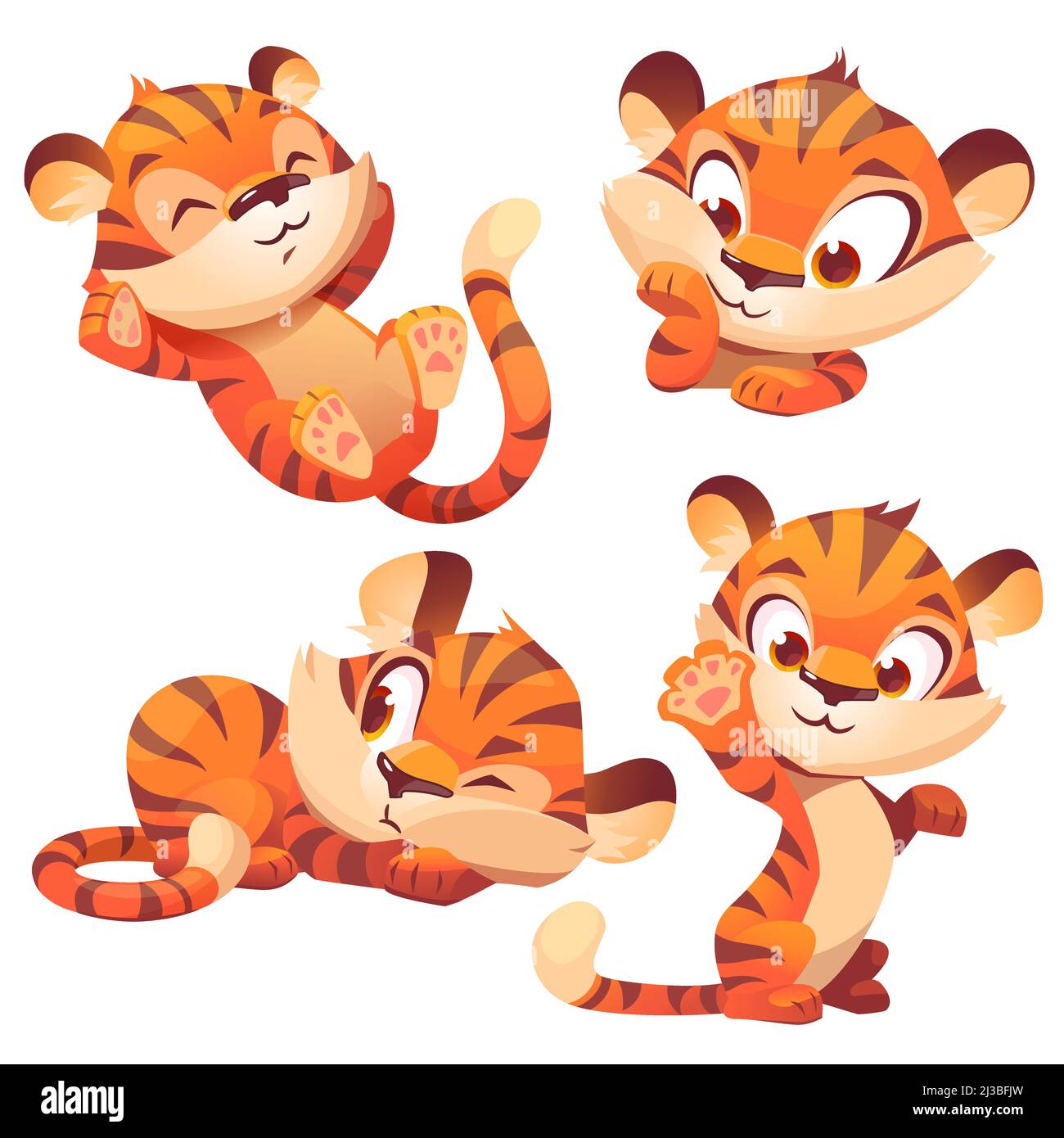 Cute tiger cub cartoon character, funny animal mascot sleep on back ...