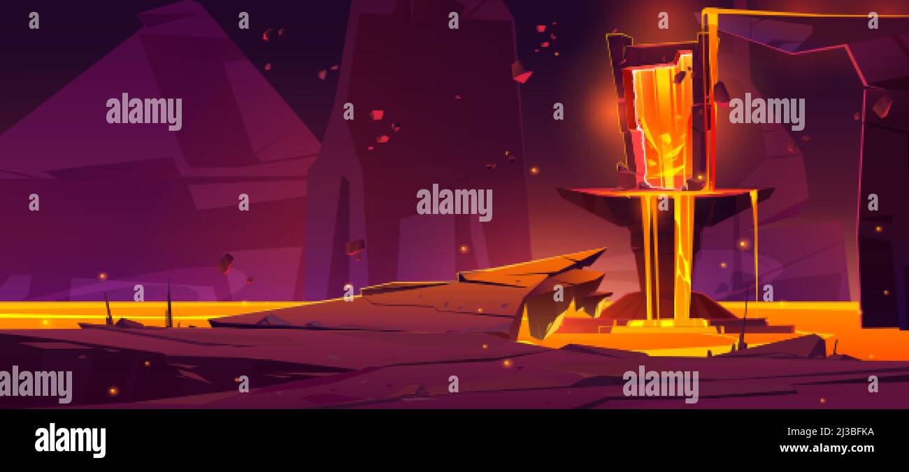 Fantasy landscape with mountains, lava lake and magic portal at night ...